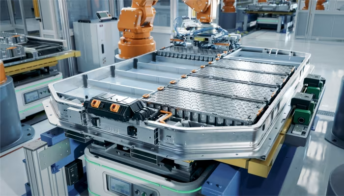Automated battery production line with robotic arms